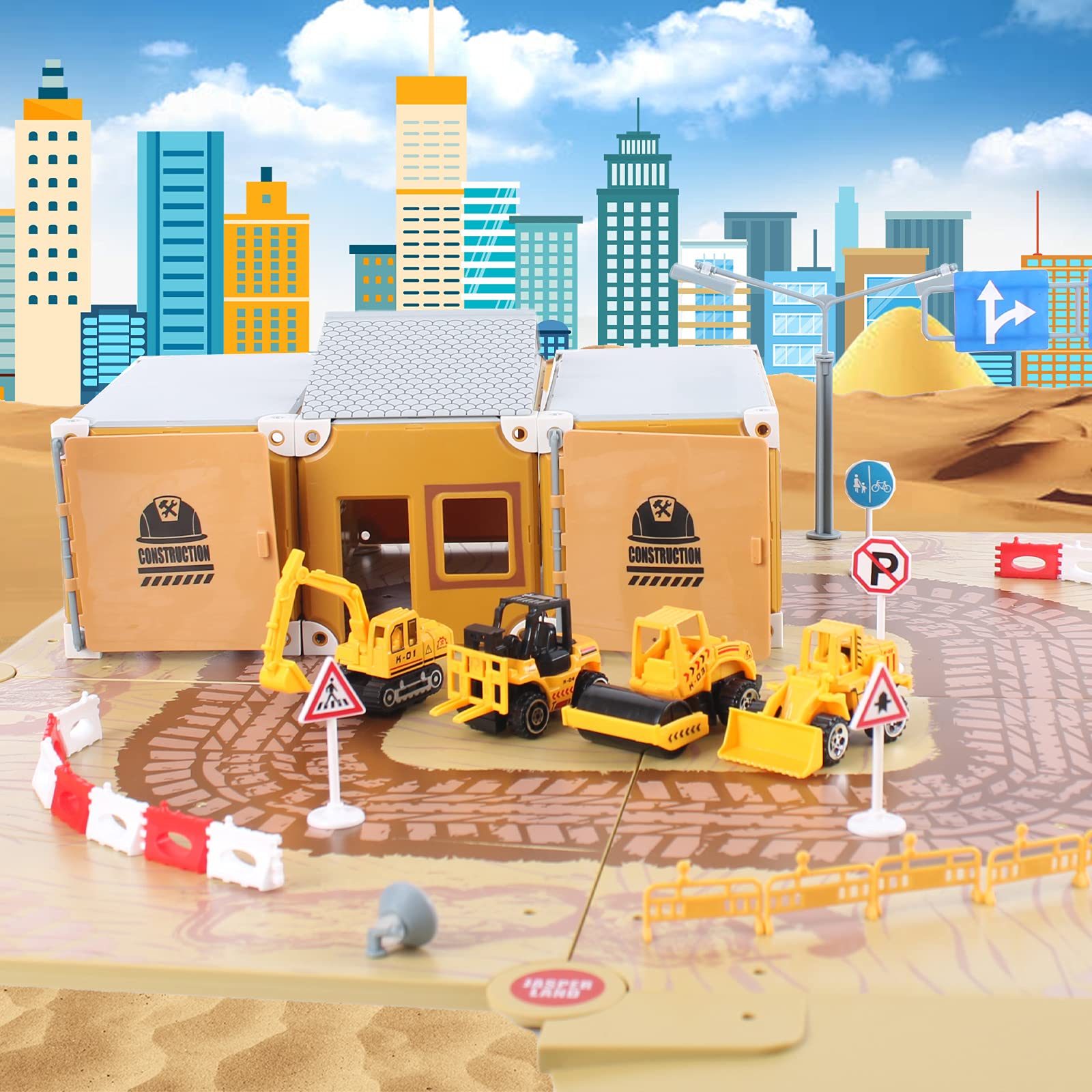 136PCS Construction Site Toy Vehicle Set, STEM Building Toys with Play Mat for Kids Boys, DIY Engineering Project Kits with Playmat, Best Toy Gift for 4 5 6 7 8 9 10 Years Old