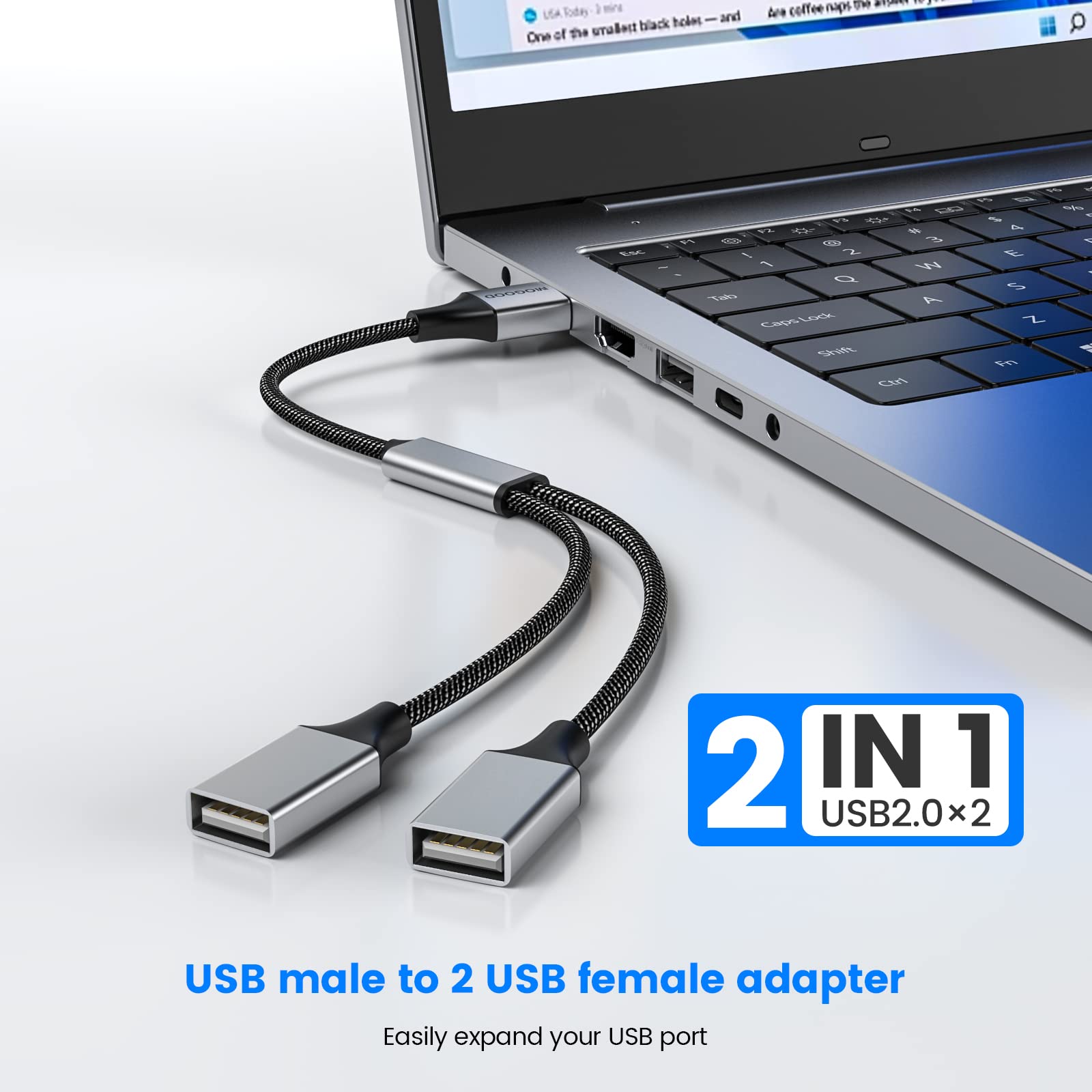 MOGOOD USB Splitter Cable USB y Splitter Adapter Dual USB 2.0 Power Cord Extension for Charging/Data Transfer/Laptop/Mac/Car