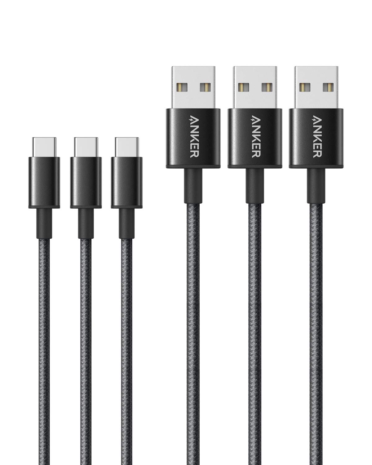 Anker [3-Pack, 6 ft] Premium Nylon USB-C to USB-A Fast Charging Type C Cable, for Samsung Galaxy S10 / S9 / S8 / Note 8, LG V20 / G5 / G6 and More (Black)