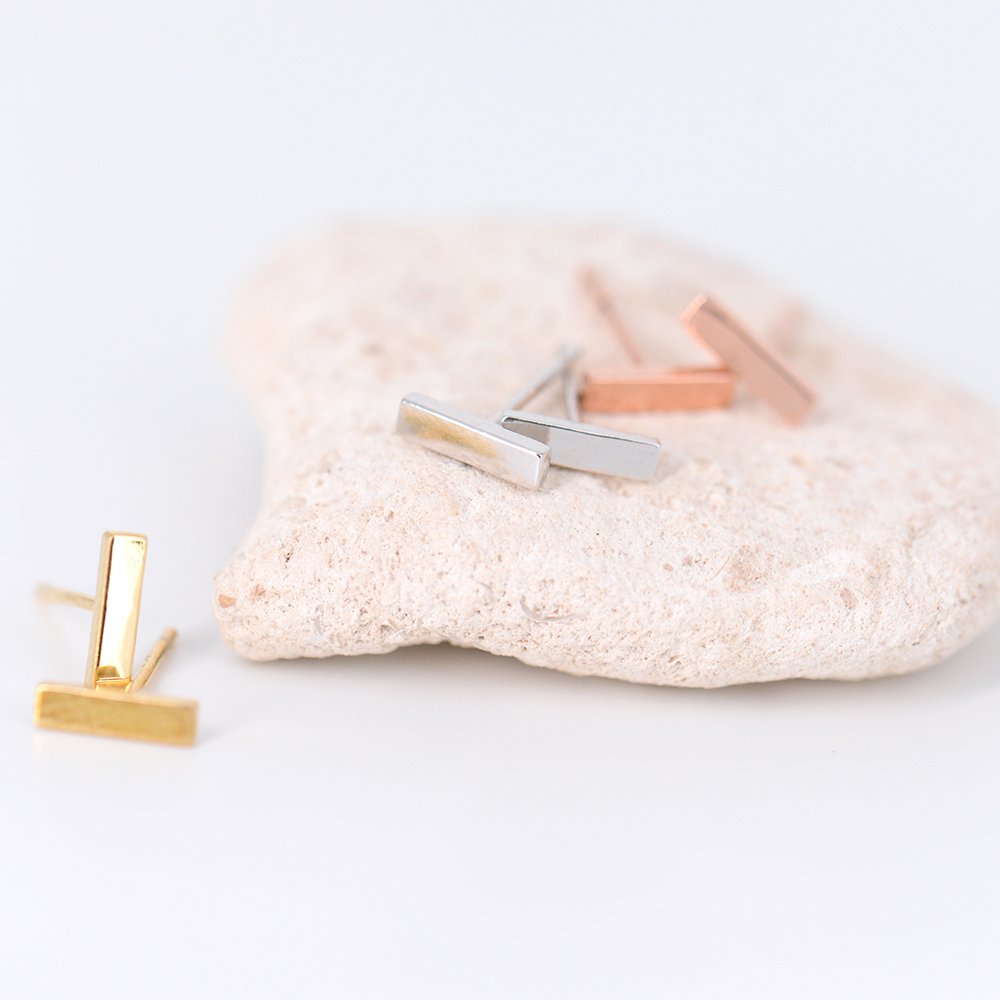 14K Gold Plated Dainty Tiny Bar, Ball, Trio Ball, Delta, Circle Disc and Heart Stud Earrings (Bar - Gold)