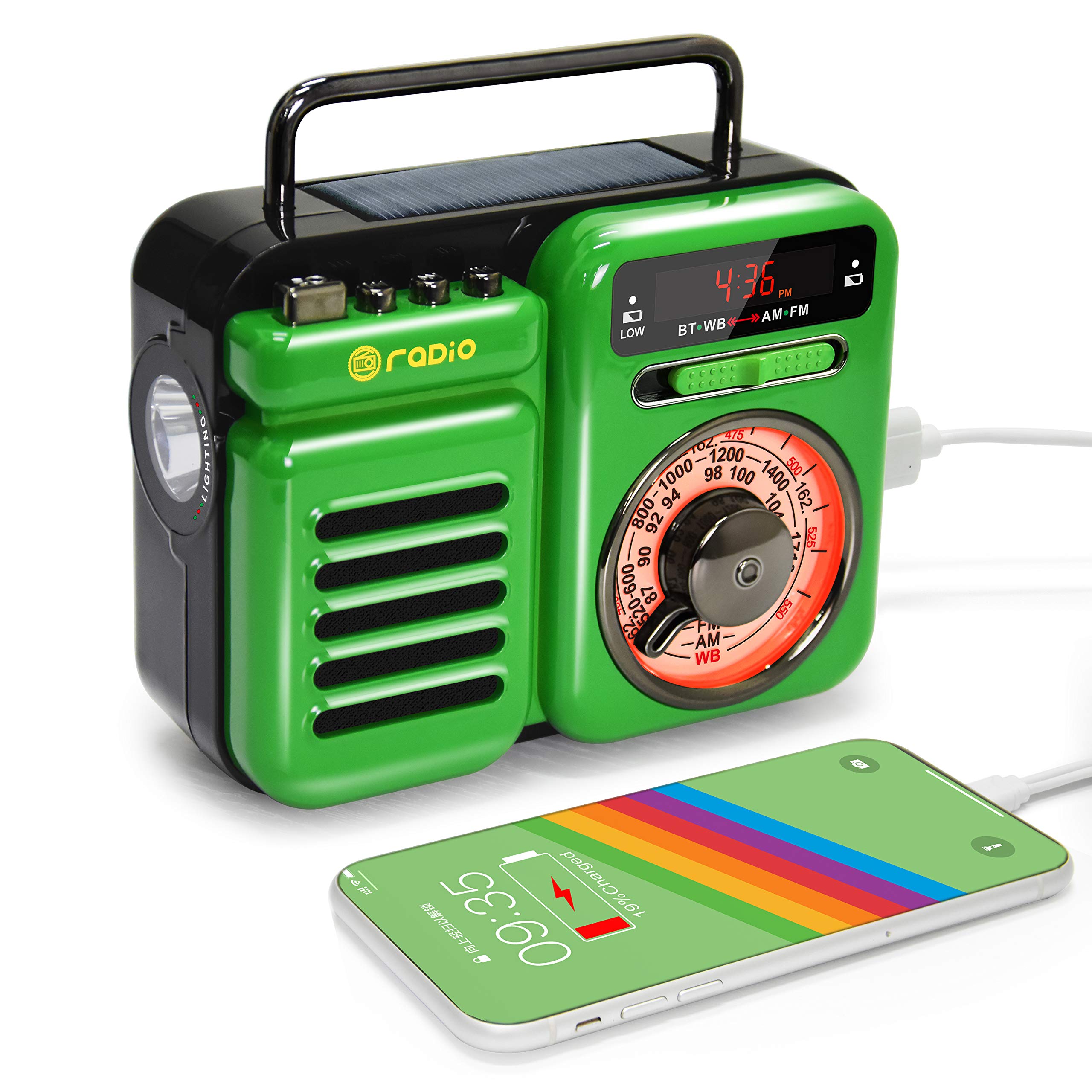 Emergency Weather Hand Crank Radio, Solar Powered, Hand Crank, AM/FM/NOAA Weather Radio,Phone Charger,Aux Music Play, SOS Alarm, LED Flashlight for Hurricanes,Tornadoes Green