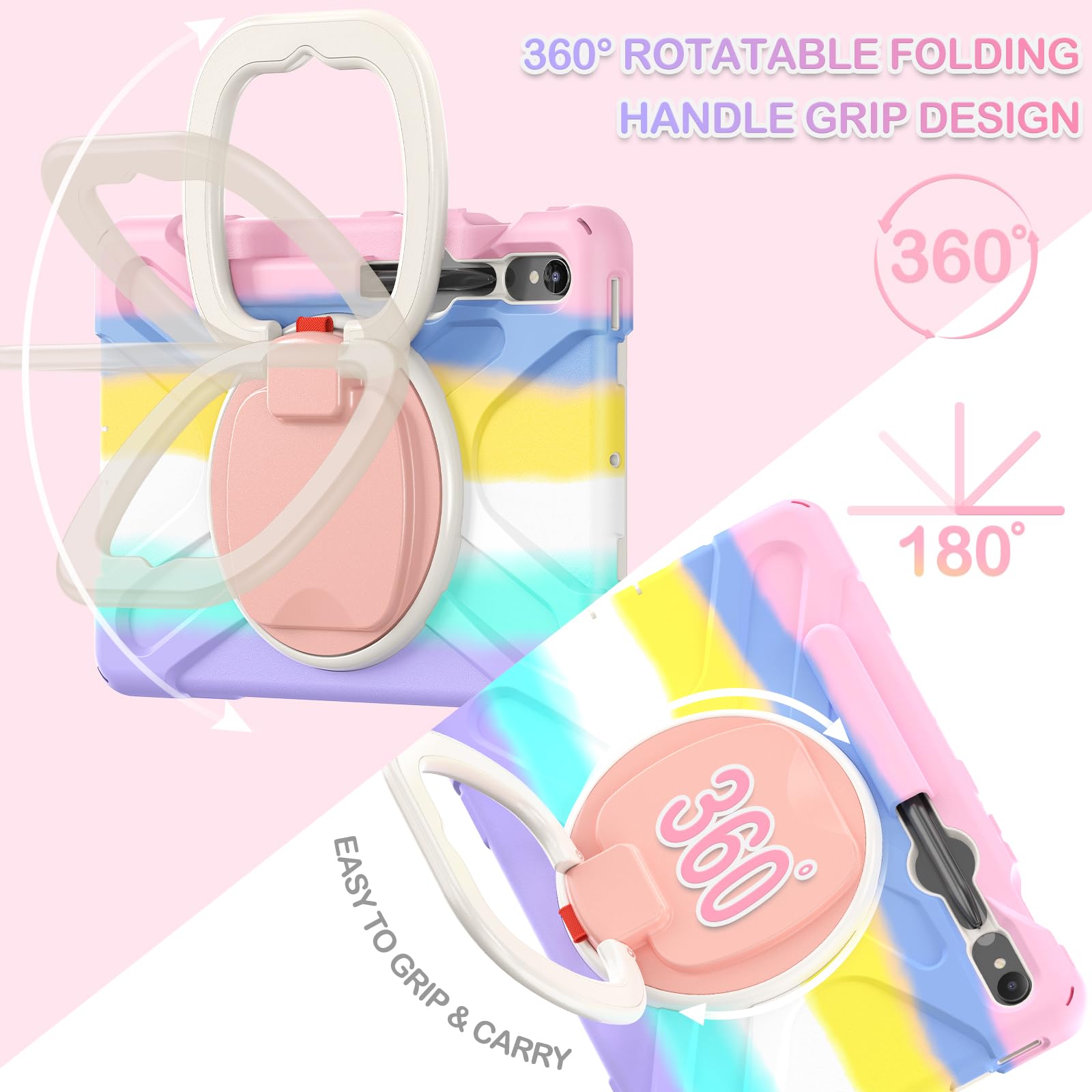 BATYUE Case for Samsung Galaxy Tab S9 FE 10.9" inch 2023, for Galaxy Tab S9 11" inch 2023, for Galaxy Tab S8/S7 Case with S Pen Holder/Rotating Stand/Shoulder Strap, Colourful Pink