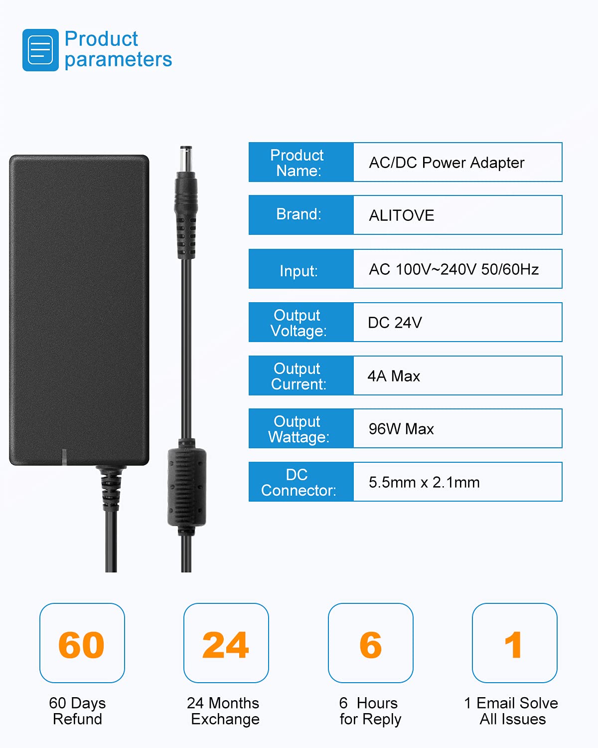 ALITOVE 24V Power Supply 4A 96W AC/DC Adapter 100-240V AC to DC 24 Volt Converter 4amp 3.75A 3.5A 3.3A 3.2A Transformer 5.5x2.5mm for LED Strip CCTV Camera LCD Monitor Massage Chair