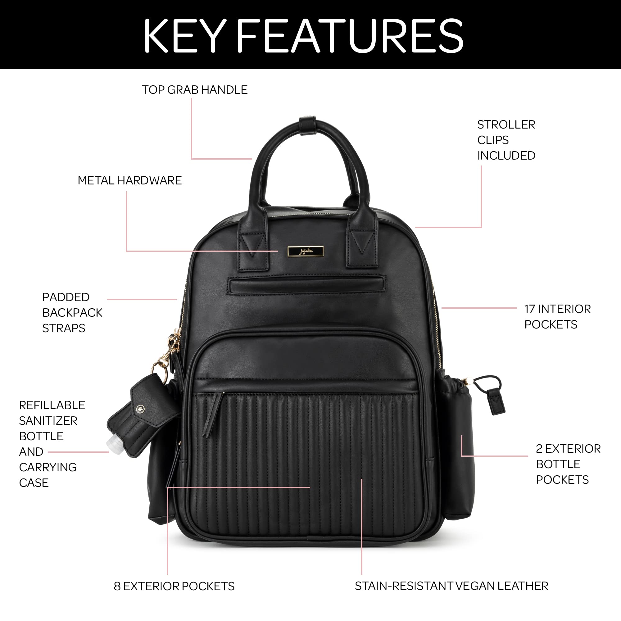 JuJuBe | Million Pockets Vegan Leather Diaper Bag Backpack - Large Travel Backpack for Women | Black Catwalk