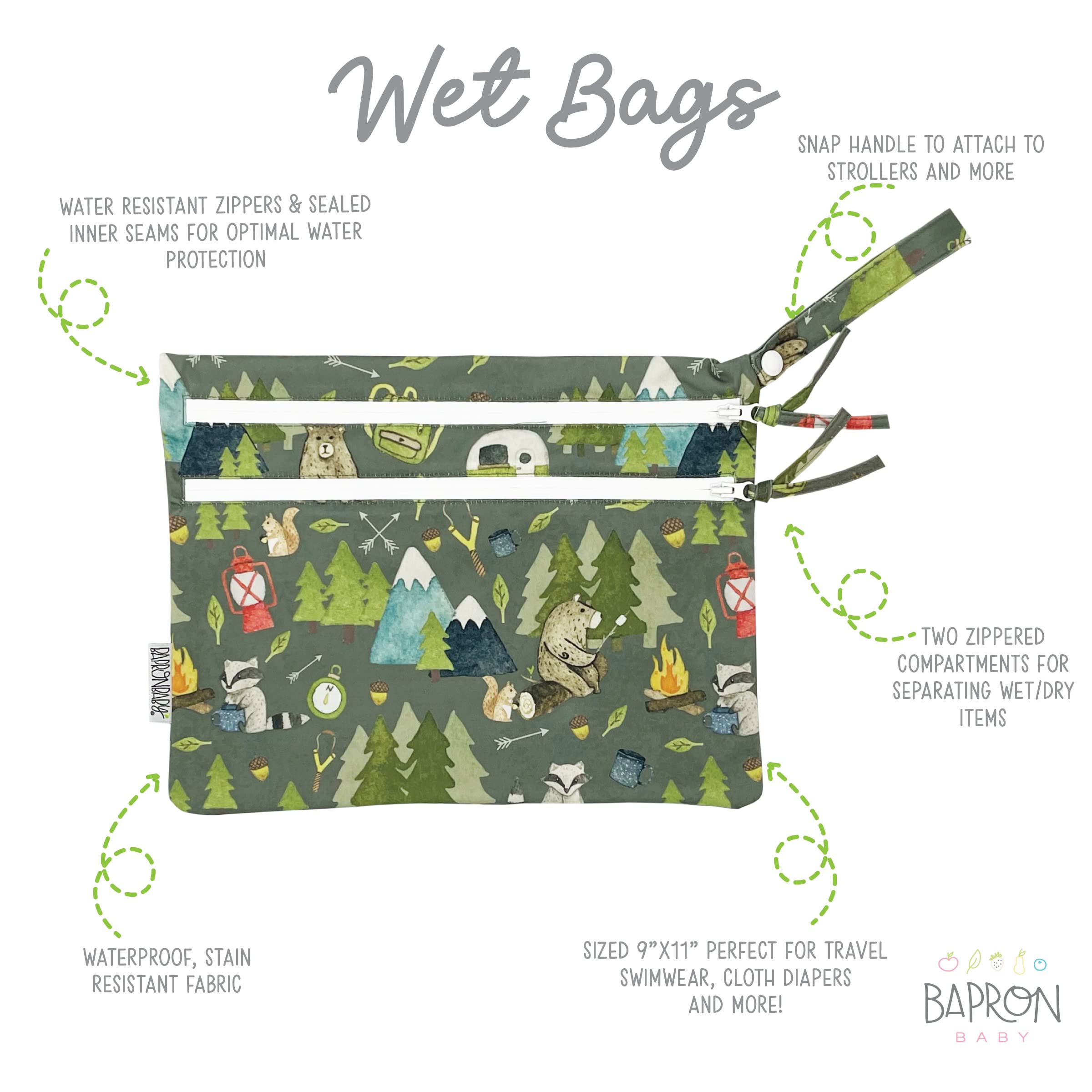BapronBaby Camping Bears Wet Dry Bag - Waterproof Two Zipper Pockets - Reusable for Mealtime, Diapers, Stroller, Snacks, Swimsuits - Machine Washable - 11" x 9"