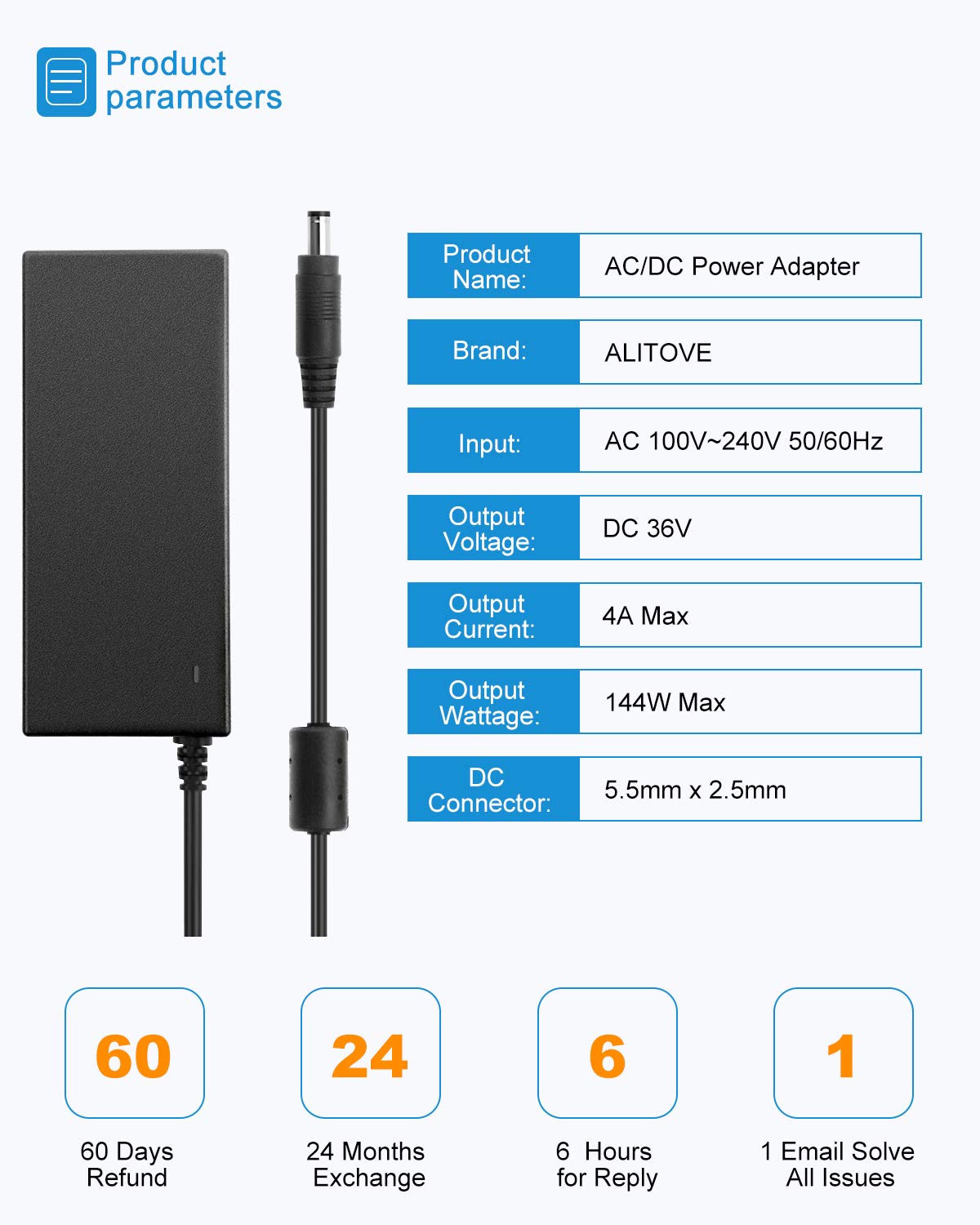 ALITOVE 36V Power Supply 4A 144W AC/DC Adapter 100~240V AC to DC 36 Volt 4 Amp Converter 36 vdc 4A 3.5A 3A 2A Transformer with 5.5mmx 2.5mm Plug for LED Lights Inkjet Printer Laser Engraver