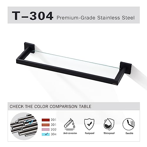 BUVELOT Bathroom Shelf,22.32 Inch Large Glass Shelf, 8mm Extra Thick Tempered Clear Glass Shelves Modern Rectangular,Matte Black,071090-MB