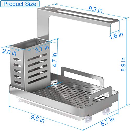 BeBeHome Sink Caddy Organizer, Sponge Holder for Sink Soap Brush Dispenser Holder with Rag Rack Suction Cup Dishcloth Holder with Drain Pan Stainless Steel Silver 9.5X4.5X8.9 in