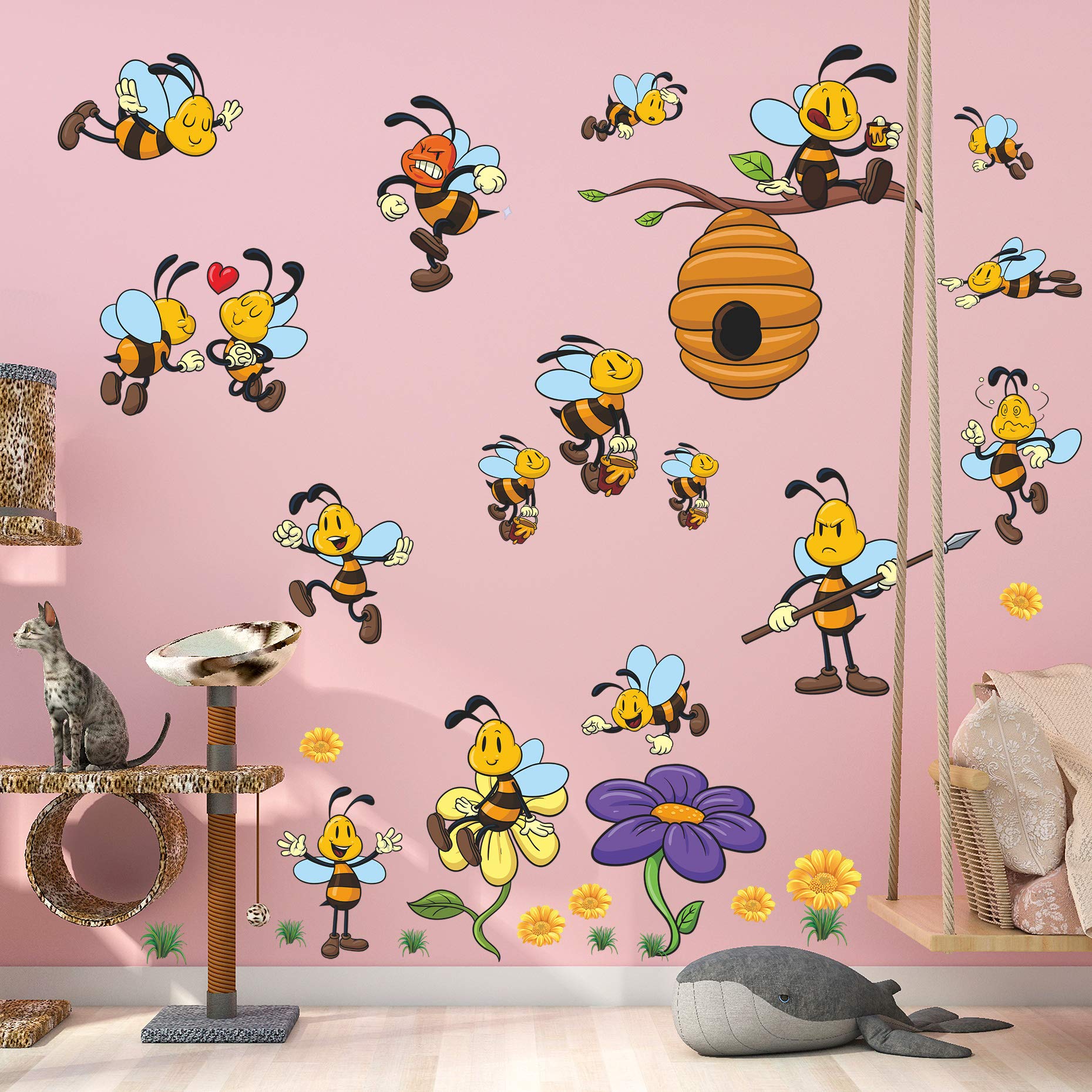 Amaonm Ceative Smile Sun with Bee Honeyco Tree Wall Decals Removable DIY Home Wall Art Decor PVC Peel and Stick Wall Stickers Murals for Kids Bedroom Playroom Girls Boys Nursery Rooms Living Room