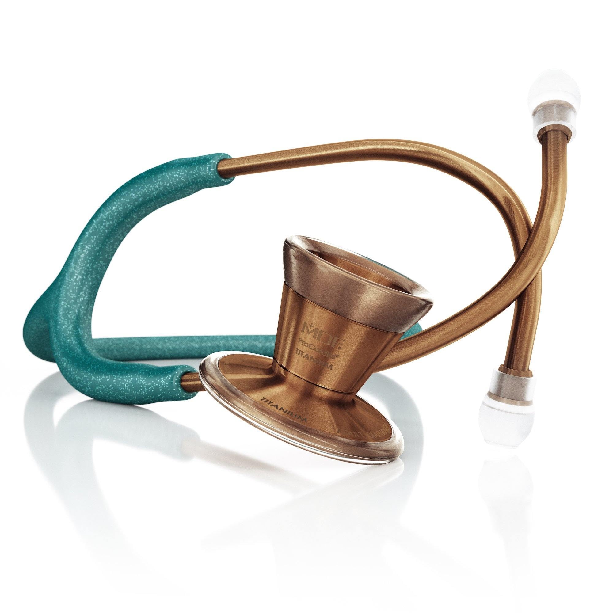 MDF Green Glitter Cyprium ProCardial Cardiology Stethoscope, Limited Edition Mprints, Lightweight Titanium, Adult, Dual Head, Green Glitter Tube, Cyprium Chestpiece-Headset, MDF797TGL21CP
