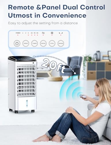 3-IN-1 TEMEIKE Swamp Cooler Air Conditioner, Evaporative Air Cooler w/ 4 Modes & 3 Speeds, 12H Timer & Remote & Dual Water Tank, 65ยฐ Oscillating Air Conditioner Portable for Bedroom