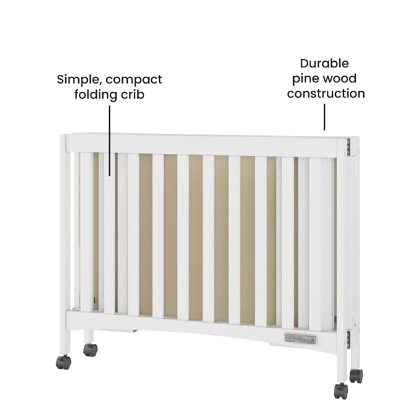 Child Craft London Mini Compact Folding Portable Crib with 2β Crib Mattress and 2 Easy Roll Locking Wheels, Durable Pine Wood Construction (Matte White)
