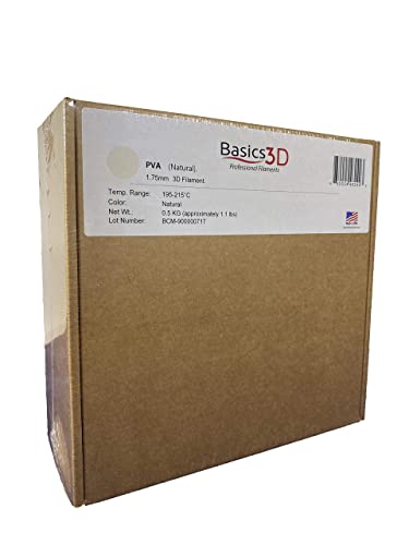 Basics 3D Professional 3D Printer Filament, PVA (Water Soluble Support Material), Natural Color, 1.75mm, 0.5 Kg, Made in USA
