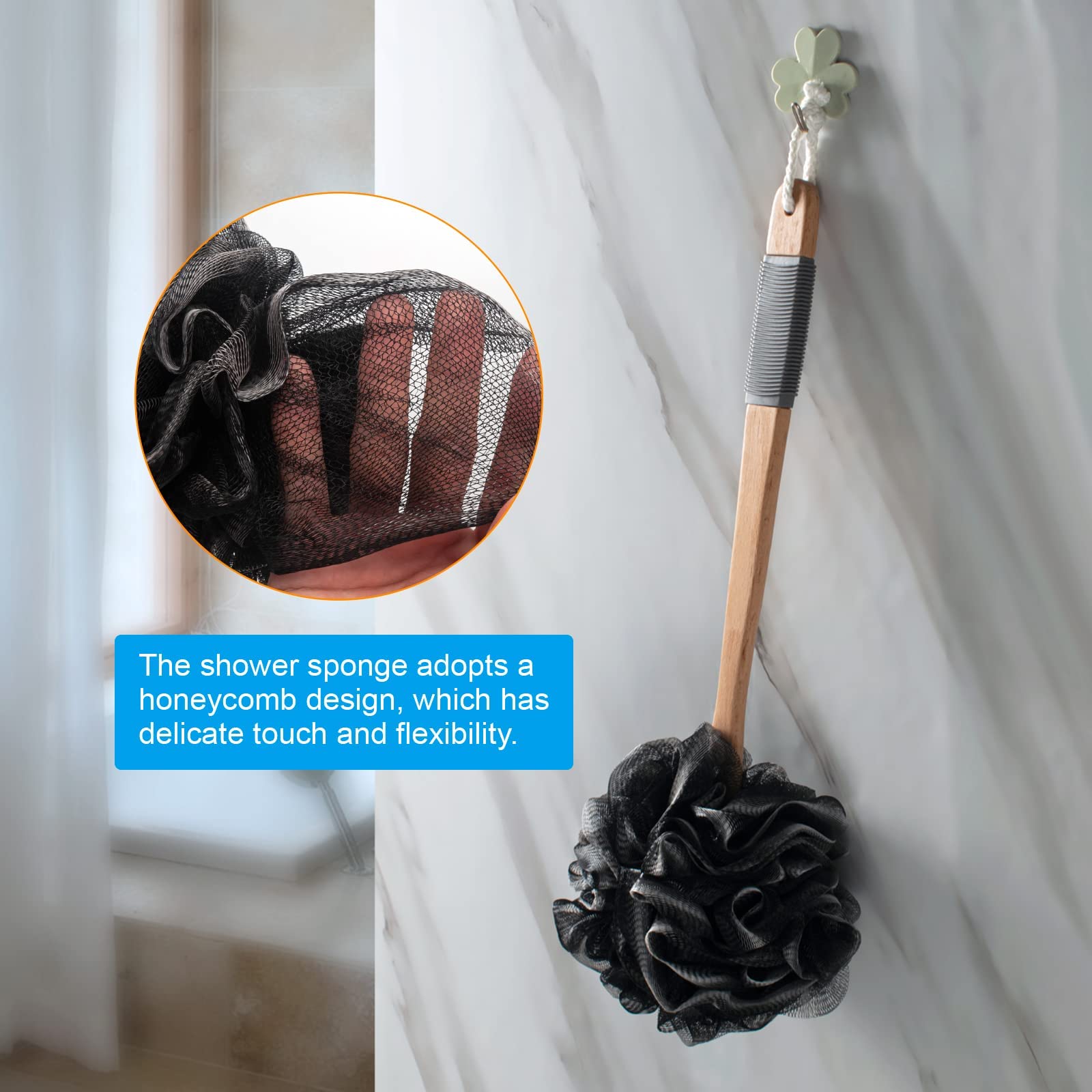 AmazerBath Shower Sponge Loofah Back Scrubber, PE Soft Mesh Loofah Body Scrubber with Long Wooden Handle, Bath Sponge for Men Women (Black)