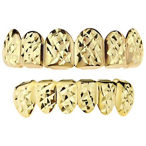 14k Gold Plated Grillz Set Diamond-Cut Grill Top & Bottom 12 Teeth Hip Hop Grills