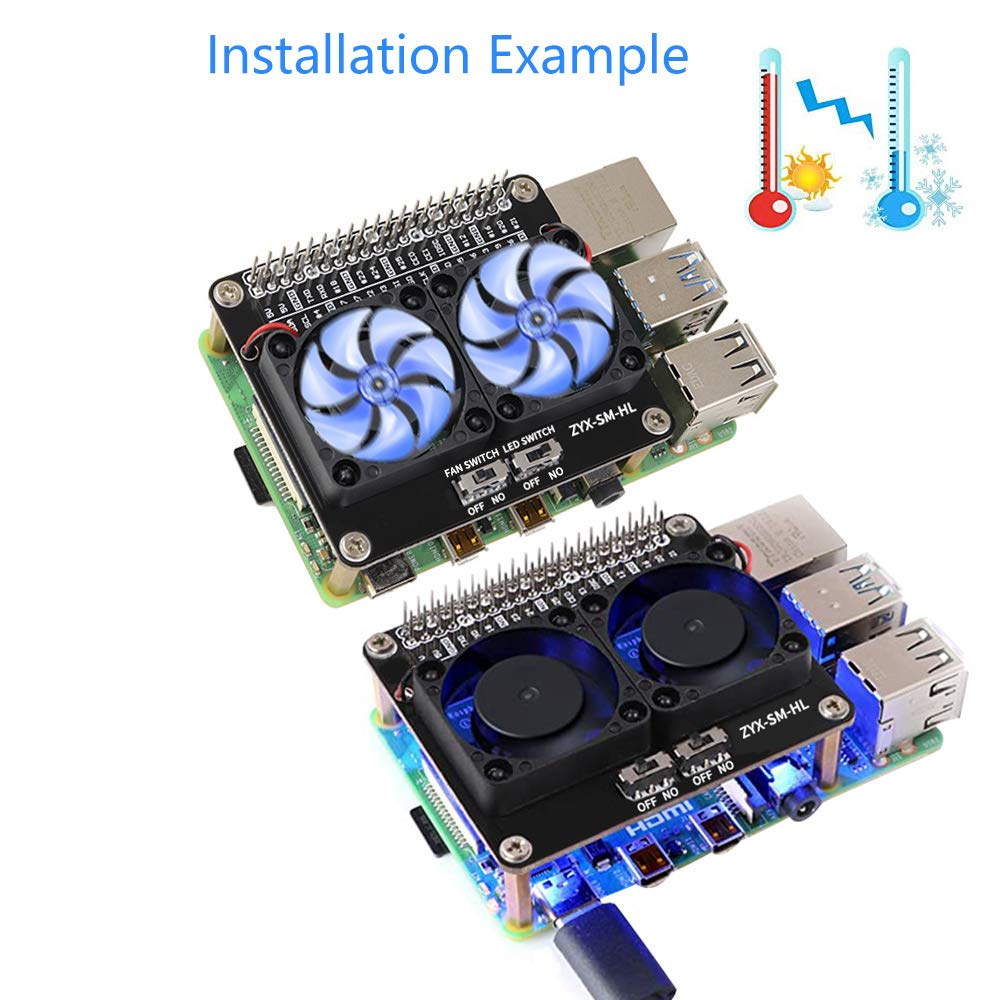 Raspberry Pi Fan 4B Dual Cooling Fans and Automatic Discoloration LED, Raspberry Pi GPIO Expansion Board for Raspberry Pi 4B / 3B+ / 3B / 3A+