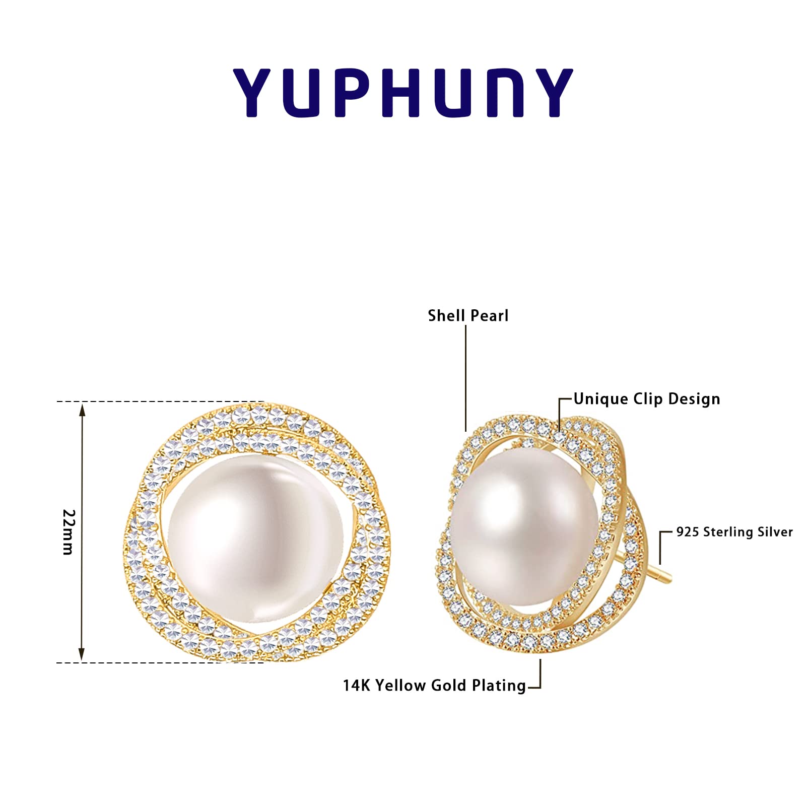 14K Gold Plated Pearl Earrings Studs With Diamonds Women's Cubic Zirconia Stud Earrings 9-12mm Freshwater Cultured Pearl Earring