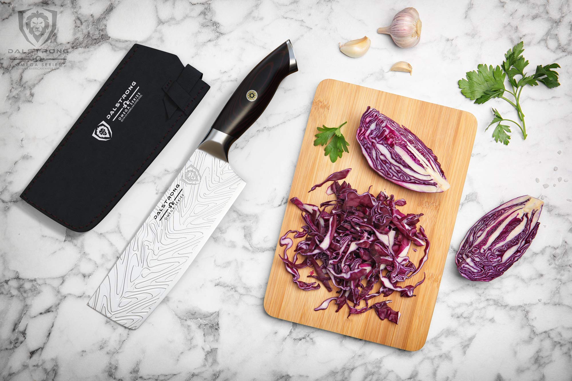 Dalstrong Nakiri Knife - 7 inch - Omega Series - BD1N-V Hyper Steel Kitchen Knife - G10 Woven Fiberglass Handle - Razor Sharp Knife - Professional Vegetable Cooking Knife - Leather Sheath Included