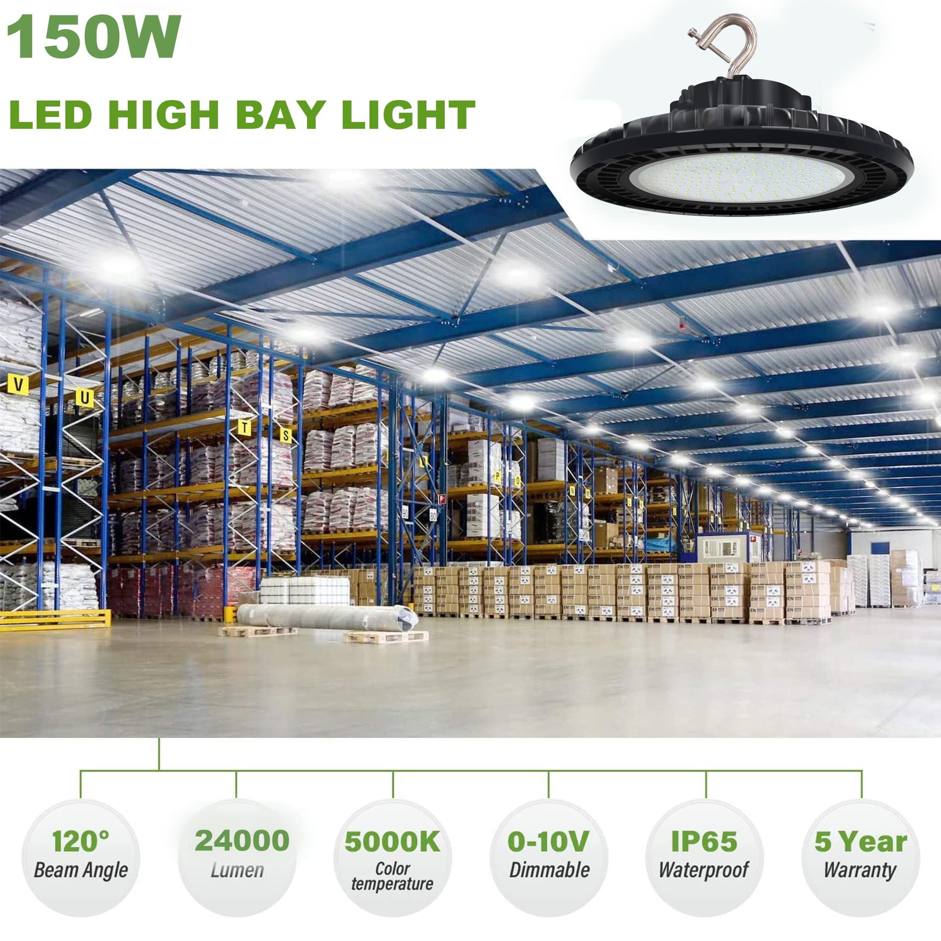 480V 150W UFO LED High Bay Lights, 24000LM, 0-10V Dimmable, 500W HID/HPS Replacement, 5ft Cable, IP65, Hook Mount, Shop Lights, Garage, Factory, Warehouse, Workshop, Area Light