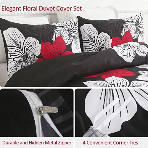 3 Pieces Duvet Cover Set Queen Red Floral Pattern Comforter Cover Elegant Boho Floral Duvet Cover with 2 Pillow Cases Lightweight Microfiber Bedding Duvet Cover Set All Season (Black, 90"x90")