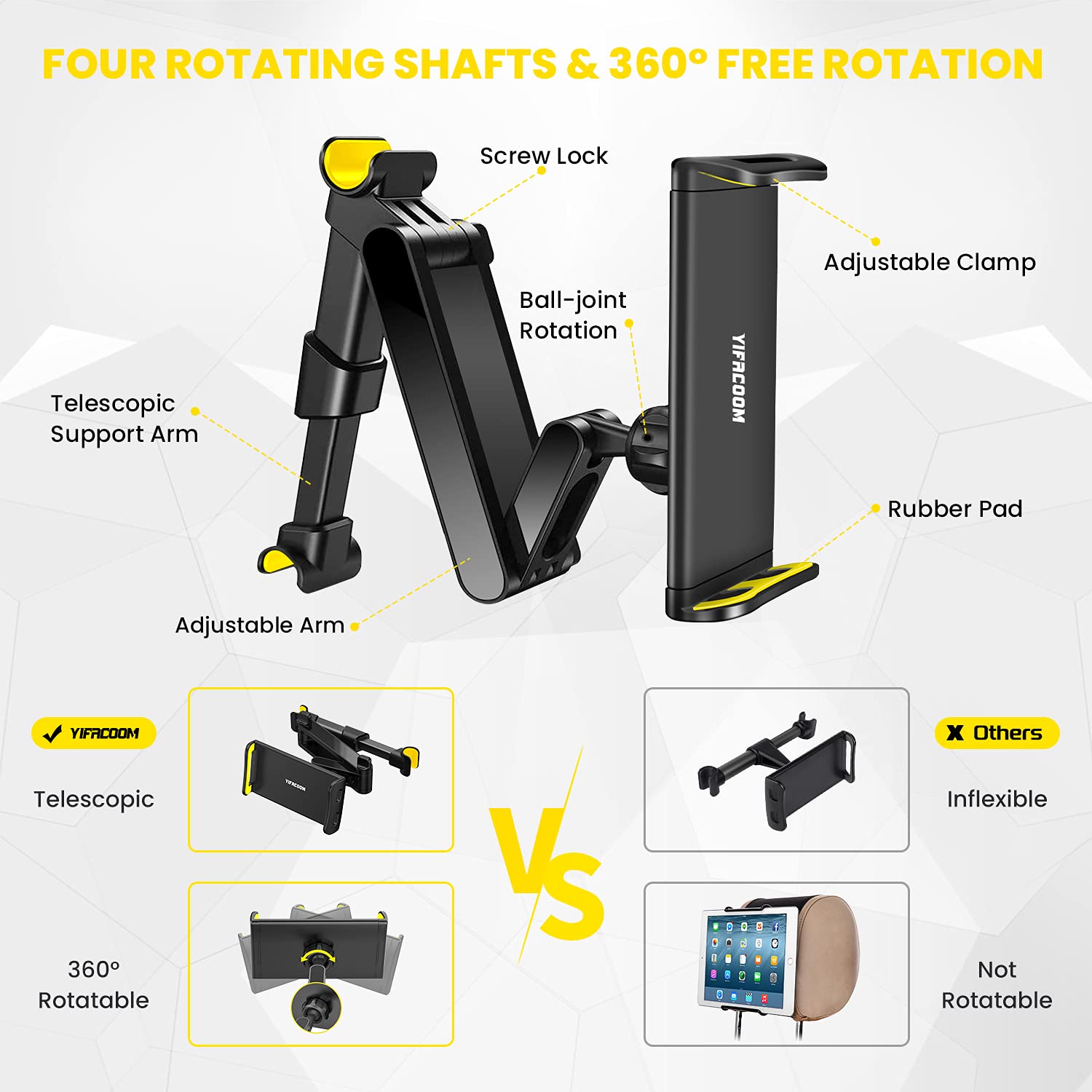 Yifacoom Tablet Holder for Car, Universal Headrest Tablet Mount, 360° Rotating iPad Tablet Car Mount for Back Seat Fits 4-12.9" iPad Pro 12.9/11/10.5/9.7, iPad Air Mini,Samsung Tab, Switch, Fire HD