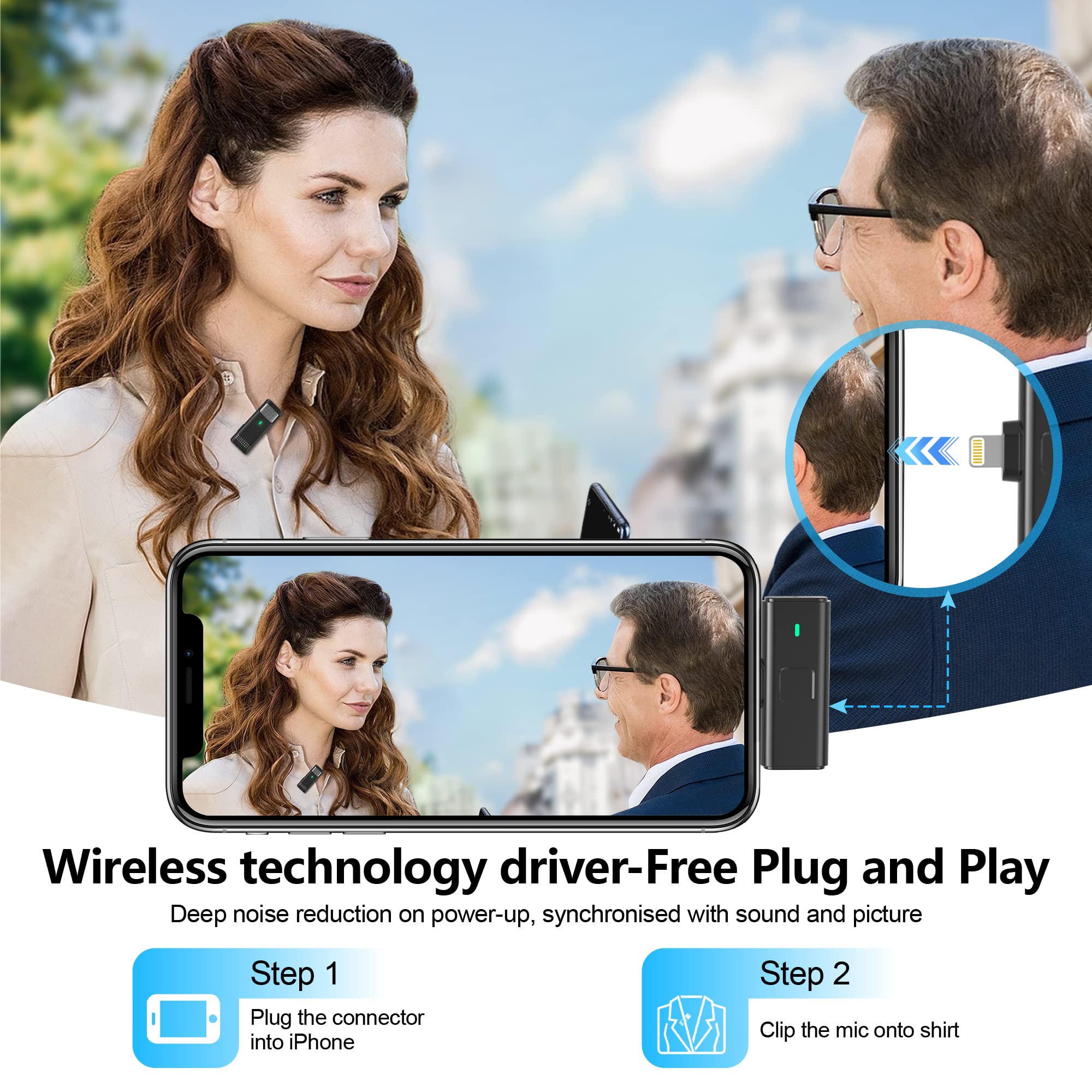 2 Mic Wireless Lavalier Lapel Microphone for iPhone iPad, MK06 Plug-Play Wireless Lavalier Mic with Charging Case-Linkable within 60ft for Live Streaming, Short Videos, YouTube, Interview, Vlog