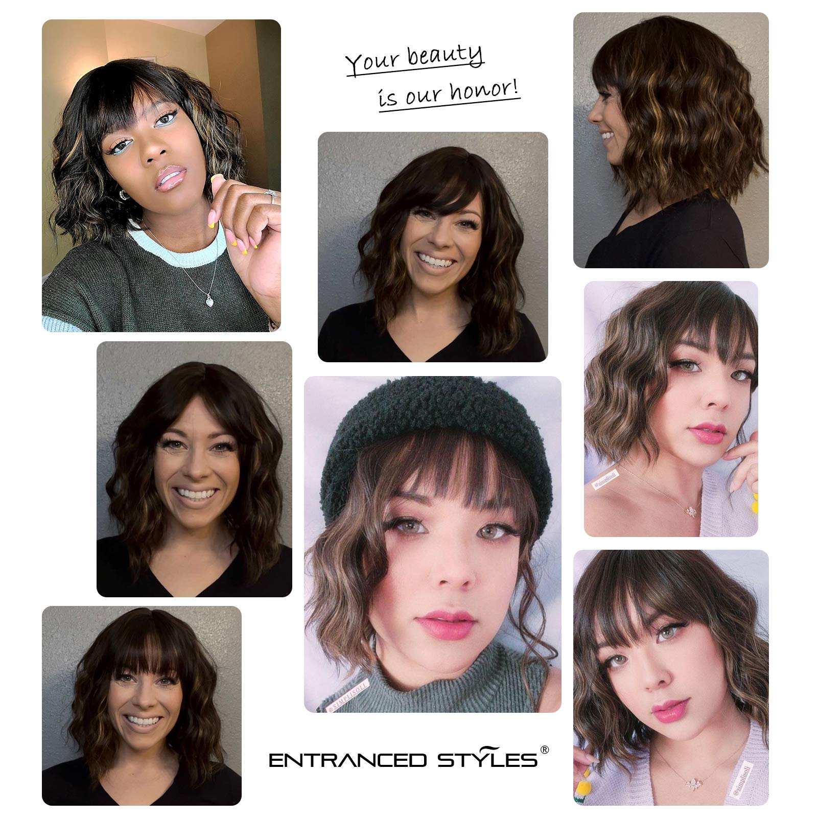 ENTRANCED STYLES Dark Brown Wigs for Women, Blonde Highlights Wig Natural Looking Short Wavy Bob Wig with bangs Medium Length Heat Resistant Synthetic Wig Daily Party Use 12β