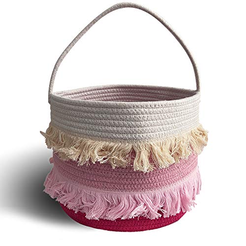 Cute Easter Basket for Kids - Rope Basket with Tassel Encircled, Easter Pinks Color for Gilrs, Cotton Rope Storage Basket, 9.5"D × 8"H Size, Design by QLTLQS-1986 (Pink)