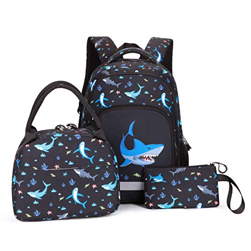 3 Pieces Shark Sea Animal Primary Middle School Boys Large Backpack Water Resistant Bookbag Set with Lunch Kits