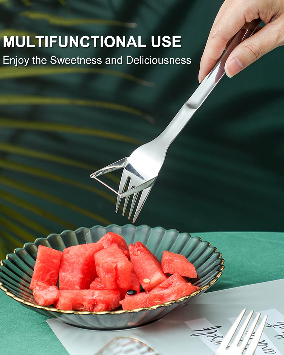 2 PCS Watermelon Slicer Cutter, 2-in-1 Watermelon Fork Slicer, Stainless Steel Cutting Fork Artifact, Fruit Watermelon Carving and Cutting for Home Party (2)