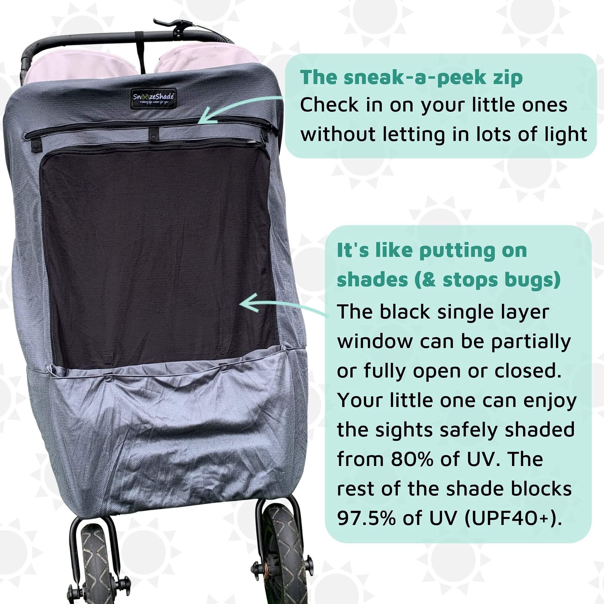 Double Stroller Sun Shade (6m+) | Universal Sun Cover for Twin Strollers | Helps Naps and Blocks 97.5% of The Sun's Rays (UPF40+) | SnoozeShade Twin Deluxe…