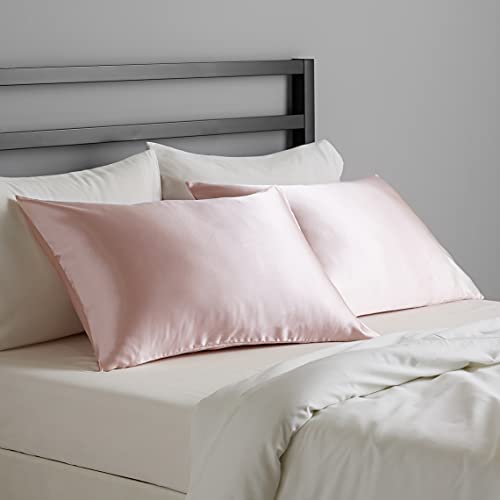 Amazon Basics 100% Polyester Satin Pillowcases for Hair and Skin, Envelope Closure - Blush, Standard, Pack of 2, 26"L x 20"W