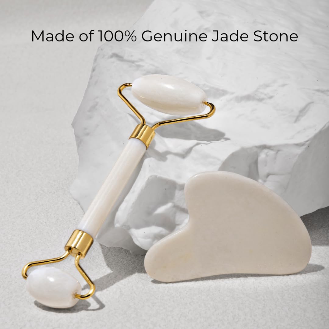 Gua Sha Facial Tools & Jade Roller for Face, Eye & Neck Skin Care, 100% Natural Jade Stone Face Roller Gua Sha Massage Tool, Eye Roller for Puffy Eyes, Facial Self Care Kit for Women (White)