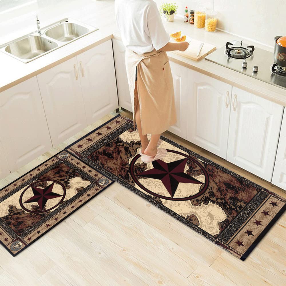 2 Pieces Non-Slip Vintage Style Kitchen/Bath Rug Runner Mat, Super Absorbent Rugs, Washable Carpet Kitchen Mats 15.7x23.6inch+15.7x47.2inch, Western Texas Star on Wood Panel Rustic