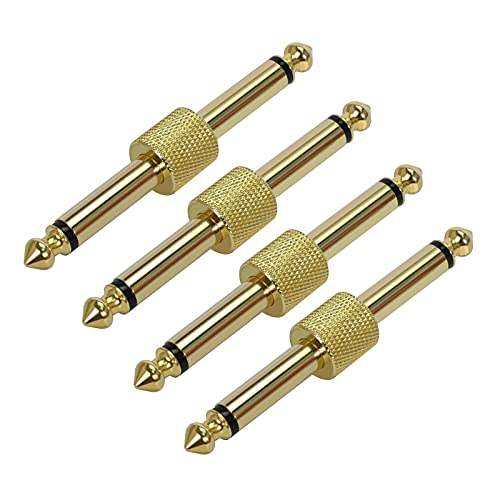 4 Pack Guitar Pedal Connector Effects Pedal Coupler Straight Type 1/4" 6.35mm TS Copper Male to Male Jack Plug Connector for Guitar Pedals Pedalboard, Gold Planted …