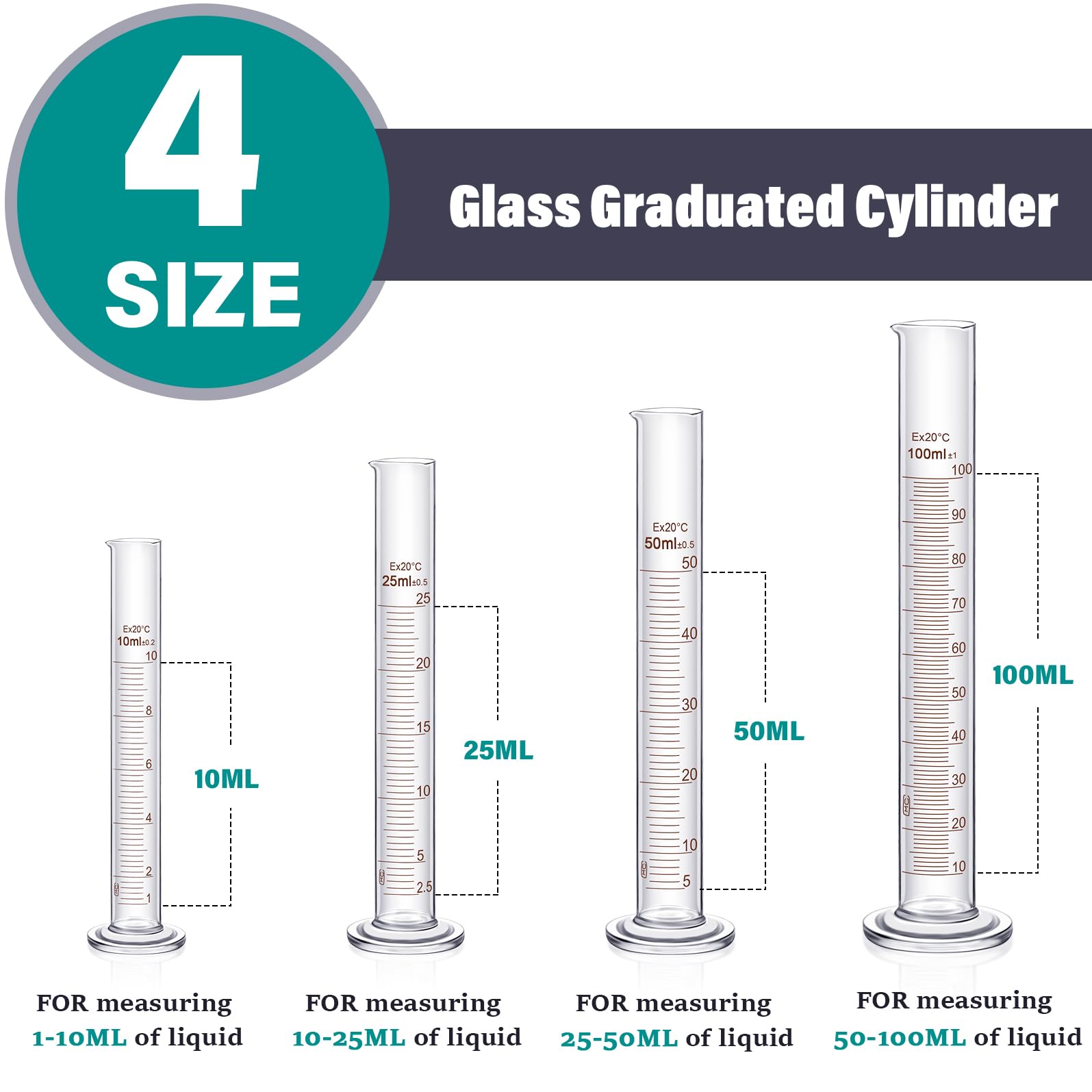 Glass or Plastic Graduated Cylinder Beaker Set, Thick Lab Cylinders (10 ml, 25 ml, 50 ml, 100 ml), Beaker (50 ml, 100 ml, 250 ml, 500 ml, 1000 ml) with 3 Dropper 4 Stirring Rod 7.9 Inch(Glass)