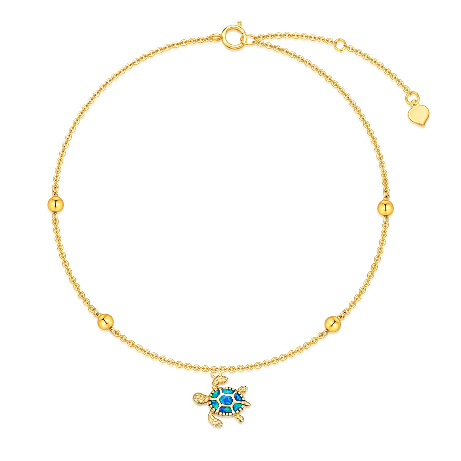 14K Gold Sea Turtle Bracelets for Women Blue Opal Bracelets Beach Real Gold Bracelet, 6.5''-8.5'' Bead Chain