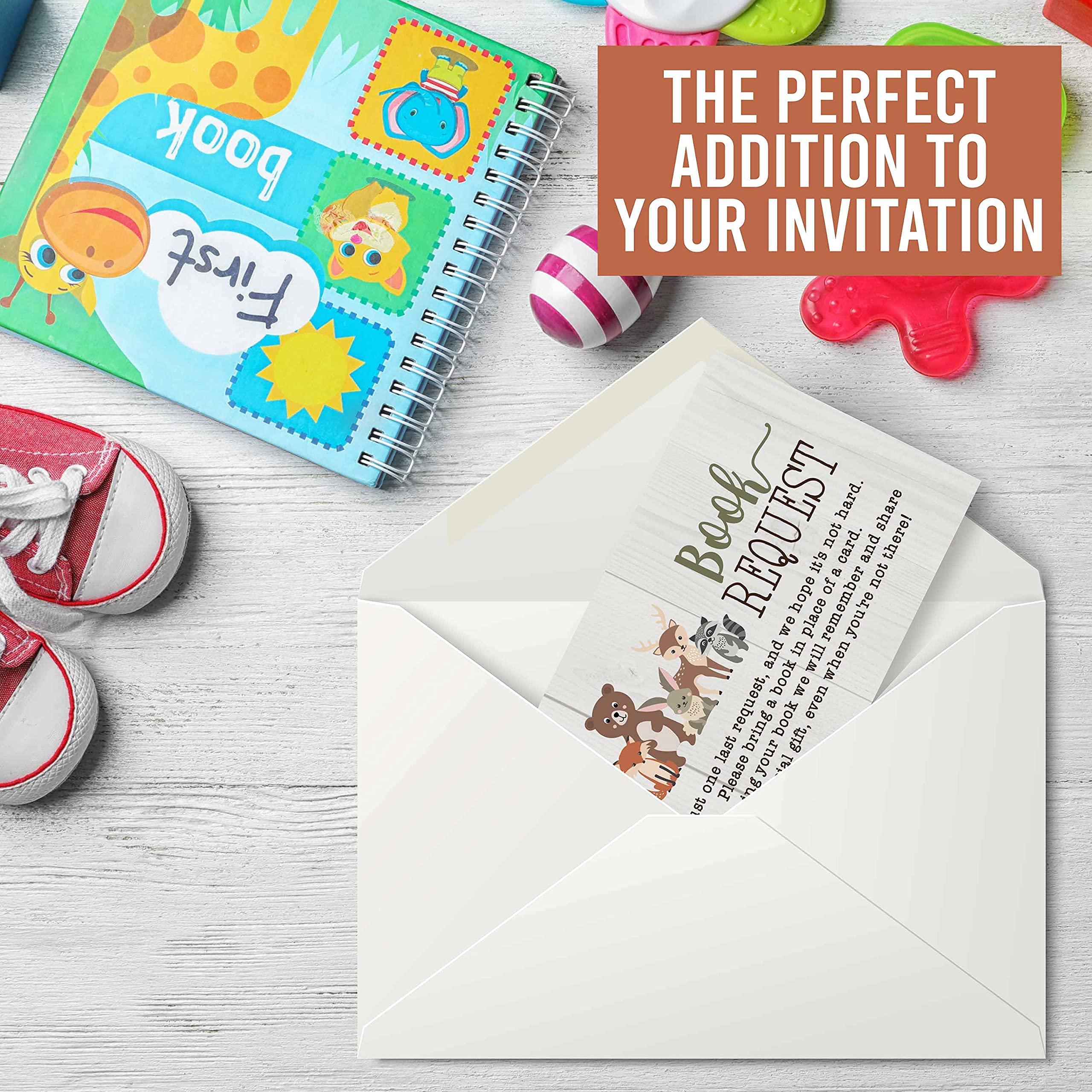 Hadley Designs 25 Cute Rustic Woodland Forest Invitations, 25 Books for Request Cards, Sprinkle Invite for Toddlers, Bring A Book Instead Of A Car, Invitation Inserts for Baby Shower