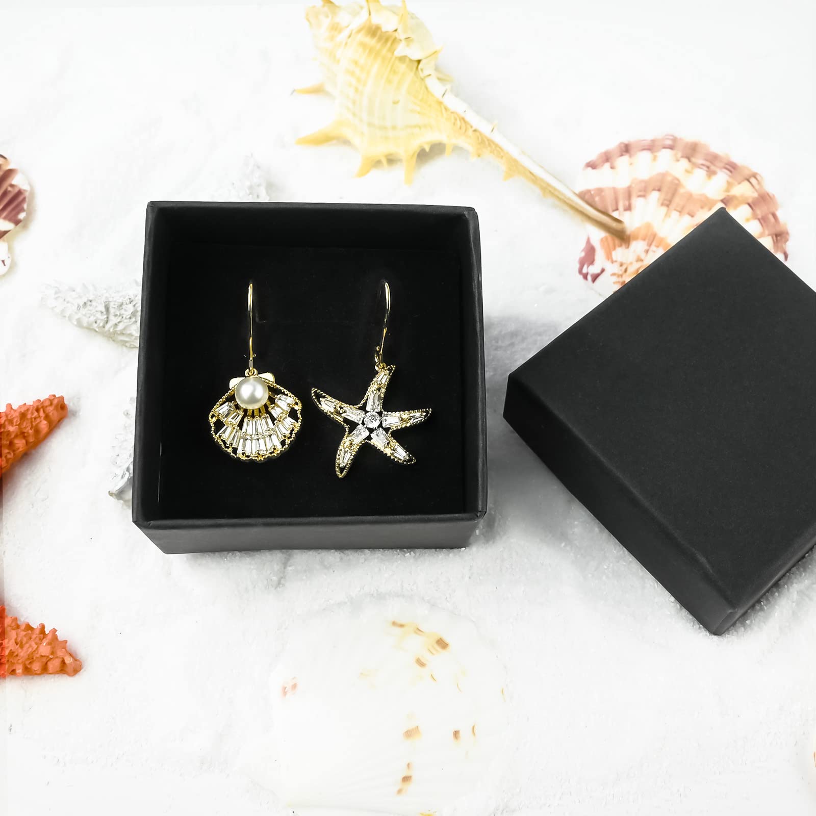 14K Gold Plated Starfish Shell Dangle Earrings for Women, Hypoallergenic Beach Earrings Handmade Asymmetric Earrings for Sensitive Ears