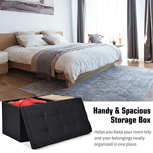 WoneNice Linen Folding Storage Ottoman Bench, Storage Chest Footrest Padded Seat, 30 x 15 x 15 Inches (Linen Black)