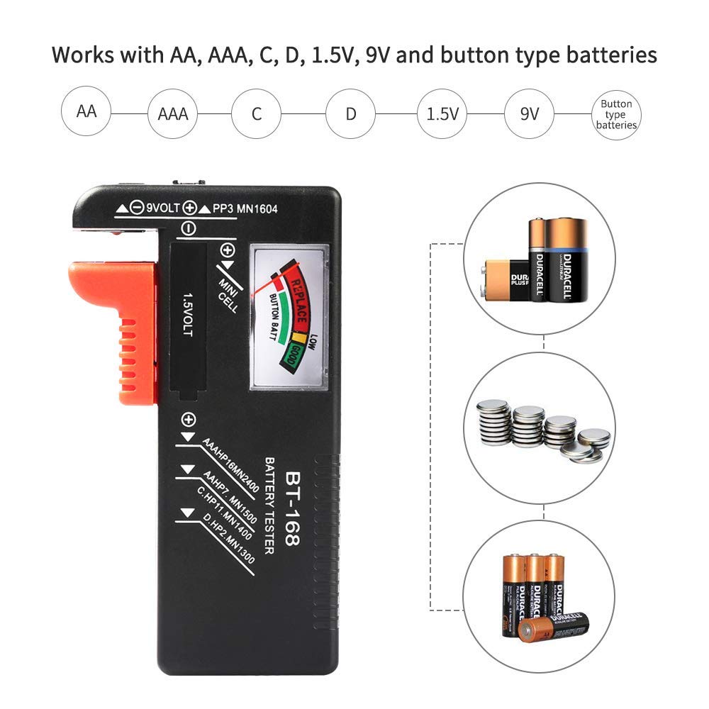CableVantage Battery Tester, Model BT-168 Battery Checker for AA AAA C D 9V 1.5V Button Cell Batteries (Requires No Battery for Operation)