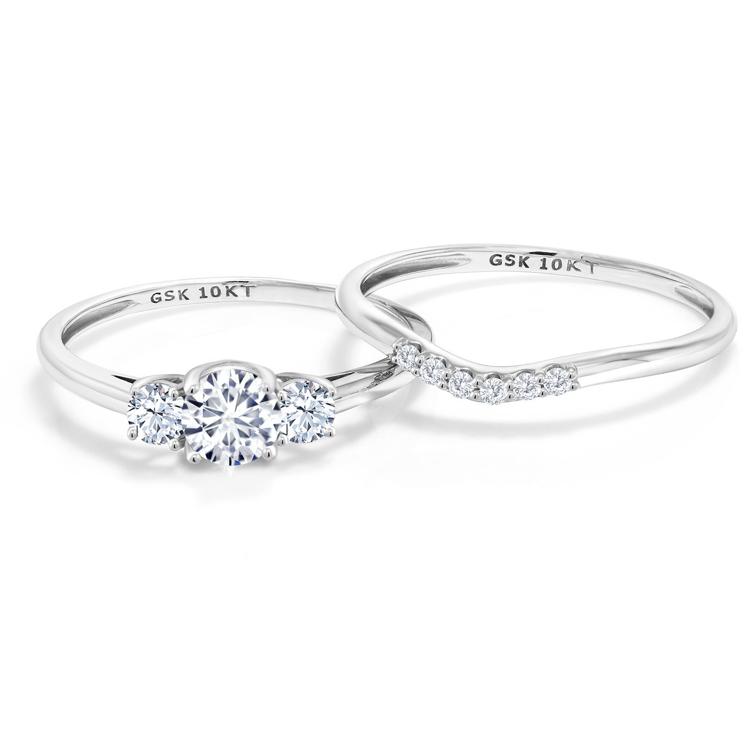10K White Gold Forever Classic Moissanite From Charles & Colvard and White Created Sapphire and Lab Grown Diamond 3-Stone Bridal Engagement Wedding Ring Set For Women (0.83 Cttw, Round 5MM, Size 7)