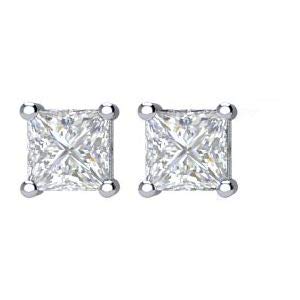 14k White Gold 1/3Ct Square Princess Diamond 4-Prong Stud Earring Pair