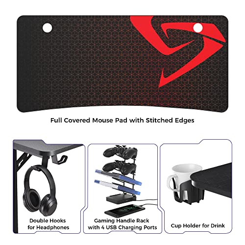 It's_Organized Gaming Desk, 60 Inch Computer Desk Carbon Fiber Surface Gamer Desk with Free Mouse pad, T-Shaped Professional Gaming Table with USB Gaming Rack, Cup Holder & Headphone Hooks, (Black)