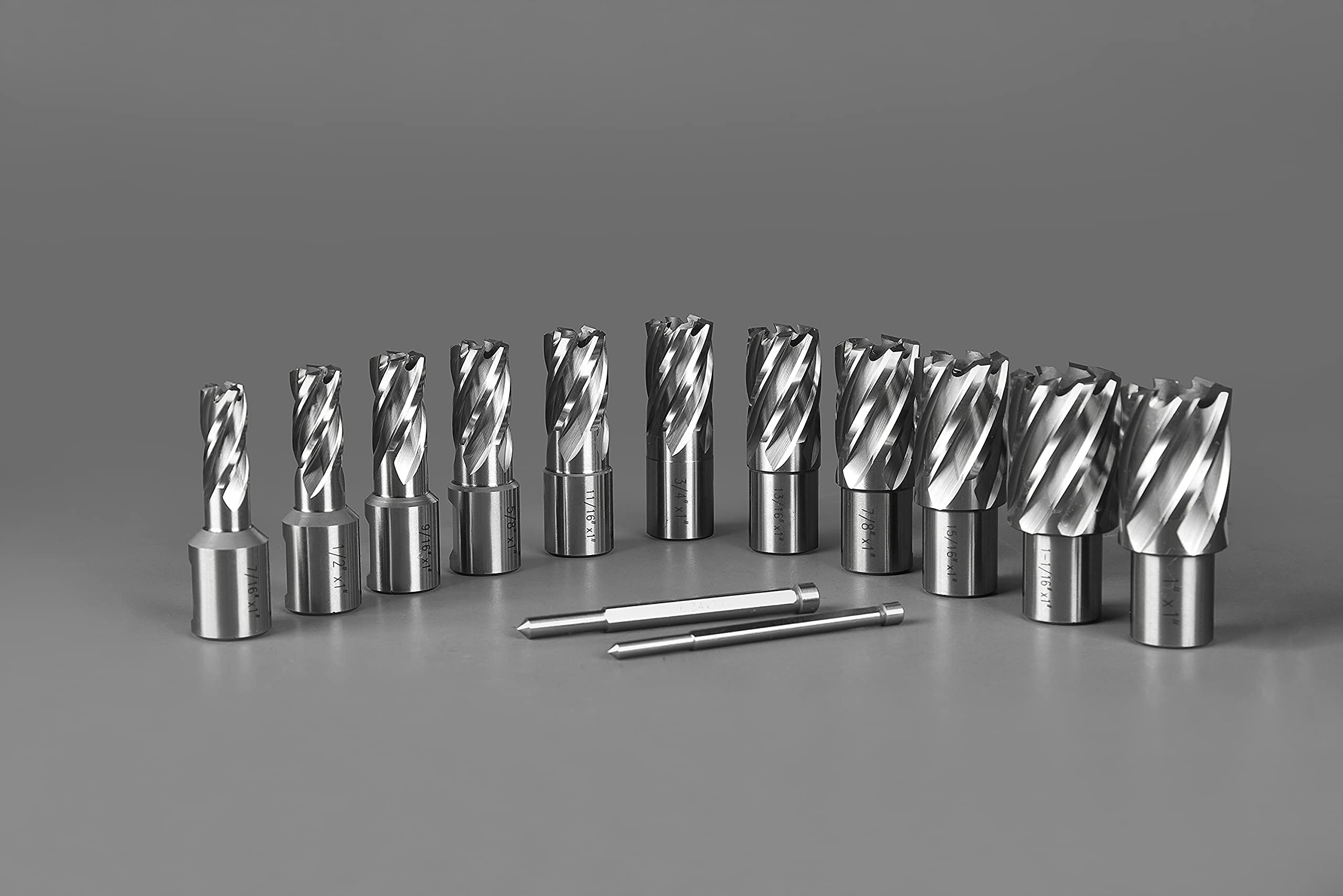 Annular Cutter Set 13 pcs JESTUOUS 3/4 Inch Weldon Shank 1 Cutting Depth and Cutting Diameter from 7/16 to 1-1/16 for Mag Drill Press HSS Standard Kit Two Flat with 2 Pilot Pins