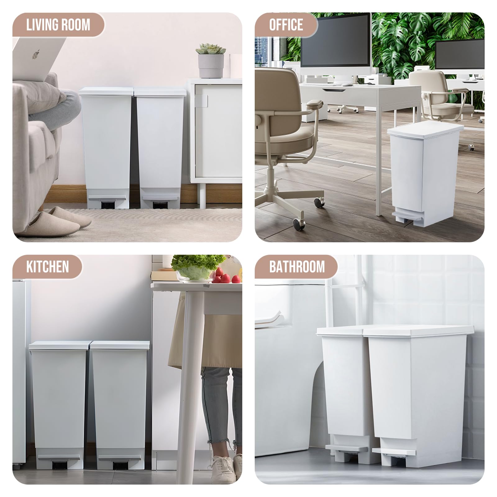 3 Pack Large Trash Can With Lid and Foot Pedal, 8 Gallon Slim Kitchen Trash Can Step On, Hands Free Recycling White Kitchen Garbage Can Plastic - Odor Block, 9 Inch Wide Trash Can Fit For Narrow Space