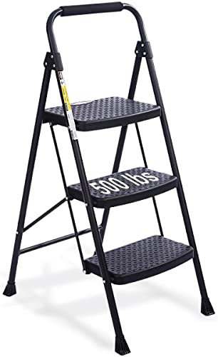 3 Step Ladder, Folding Step Stool with Wide Anti-Slip Pedal, Lightweight 500lbs Step Ladder 3 Step Folding, 3 Step Ladder Folding Step Stool for Adults, Portable Kitchen Step Stool Black