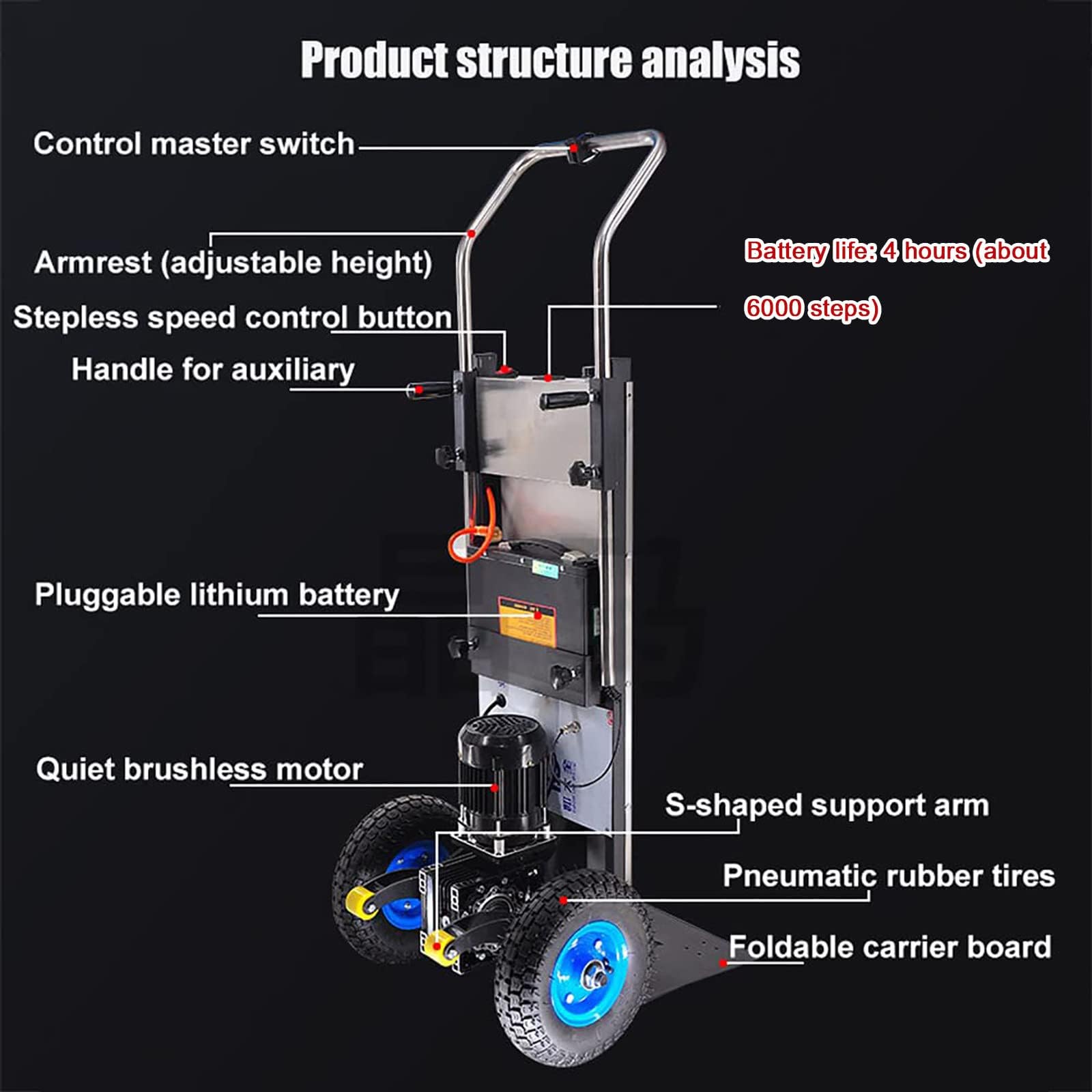 1200W Electric Stair Climber Cart, Professional Hand Truck, with Brushless Motor, Large Capacity Battery, Height and Speed Adjustable, 400Kg Load Capacity, for Carrying Material