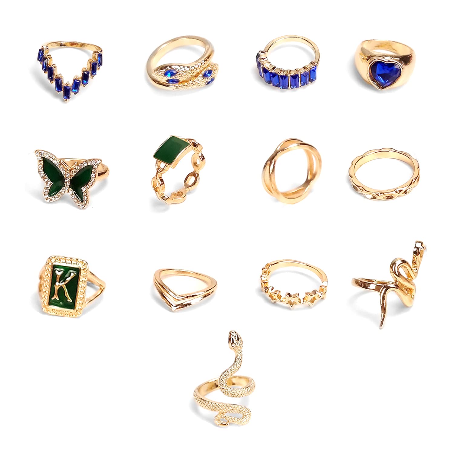 13Pcs Vintage Knuckle Rings Set for Women, Joint Stack-able Finger Rings.Bohemian Retro Jewelry Boho Snake Butterfly Heart Chunky Stacking Pack. Crystal Gold and Silver with Storage Case, Gold,Silver