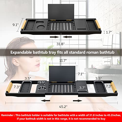 Bathtub Tray Bath Caddy Tray for Tub - Expandable Board and Book Stand Premium Leather Grip and Non-Slip Pat for Luxury Bath Bamboo Bathtub Table Tray for Home Spa and Gift Choice (Black)
